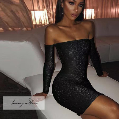 塔米家 英单B*BOO闪亮长袖露肩包臀连身裙 F4-2
