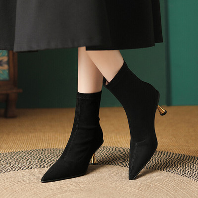 高跟瘦瘦靴显瘦网红气质细跟尖头秋冬弹力靴黑色磨砂短靴女 KLLS