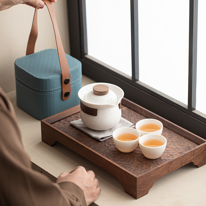 白瓷旅行茶具套装便携式快客杯户外露营手抓泡茶壶茶杯一壶三杯