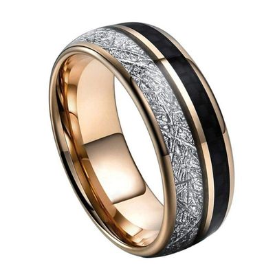 8宽球面钨金戒指镶陨石的碳纤维24K玫瑰金电镀厂家直销