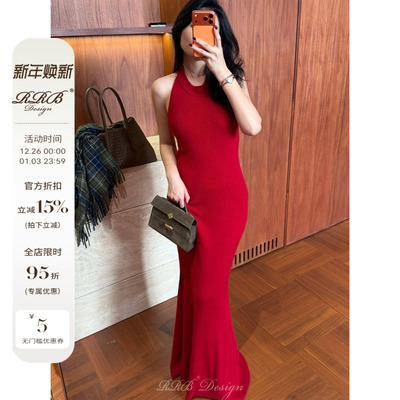 RRB Design浣熊毛混纺秋冬宽松显瘦无袖挂脖鱼尾背心裙