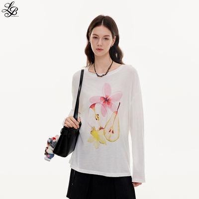 LazyBreeze 秋季新款宽松轻薄防晒衣大领口白墨数码印花长袖T恤女