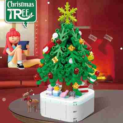 儿童益智拼装小颗粒积木花仿真圣诞树桔子树橘子盆栽积木模型玩具