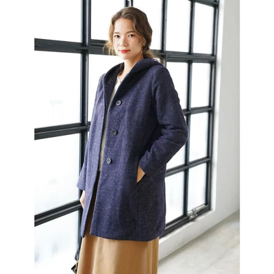 日单地球音乐eme宽松休闲连帽羊毛斜纹毛呢子大衣外套学院风保暖