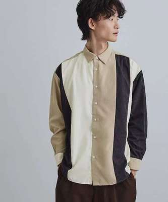 日单贵牌takeo kikuchi tk菊池武夫男士麂皮绒灯芯绒拼接衬衣