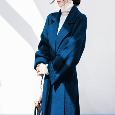 孔雀蓝加厚慵懒风双面羊绒大衣女