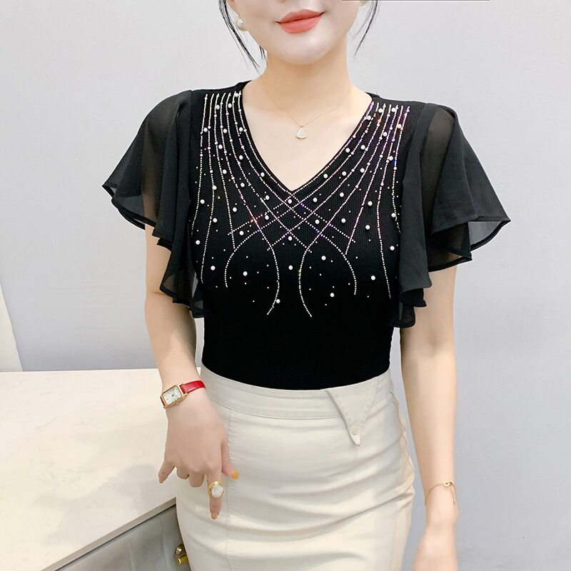 优选YX-810韩版洋气优雅荷叶边女上衣T恤修身显瘦百搭广场舞小衫
