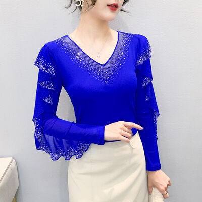 YX-880上新款网纱时尚圆领镂空重工荷叶边烫钻百搭长袖女上衣