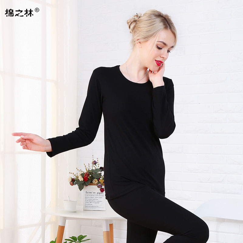 秋冬女士纯棉圆领秋衣秋裤套装纯色打底高腰线裤中青年莱卡棉保暖