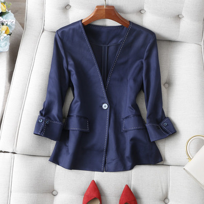 雅致精炼~篙端手工明线哑光质感V领七分袖修身棉丝麻西装外套女春