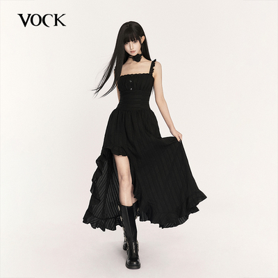 VOCK 情迷南法 法式浪漫收腰黑色度假吊带裙开叉不规则无袖长裙子