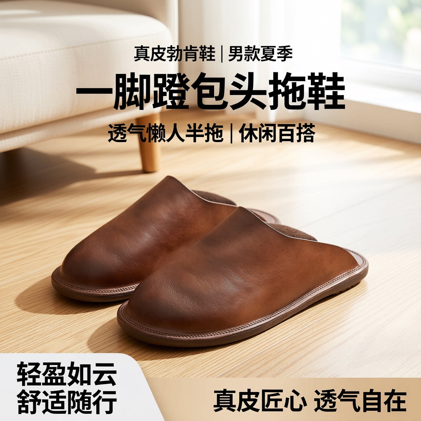 真皮勃肯鞋男夏季包头拖鞋一脚蹬透气懒人半拖休闲皮鞋