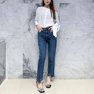 国内现货 Nobody Denim 中腰复古深蓝色阶梯毛边显瘦直筒牛仔裤女