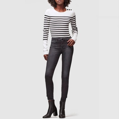 现货 Frame Denim高腰灰色涂层竖条阶梯显瘦紧身九分小脚牛仔裤女