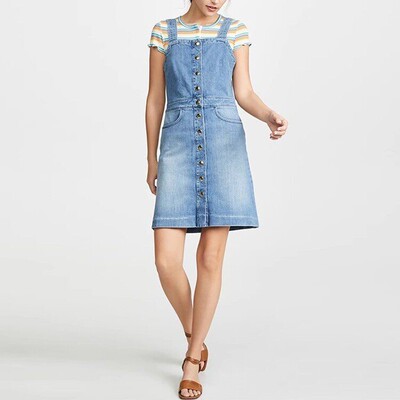 现货Frame Denim单排扣蓝色A字收腰显瘦高腿长牛仔背带连衣短裙潮
