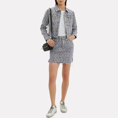 清仓现货 GRLFRND blaire 高腰豹纹开衩毛边显瘦腿长迷你牛仔短裙