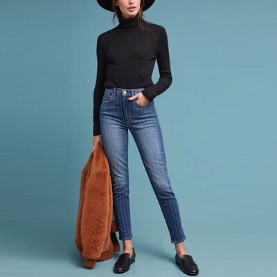 清仓现货McGuire newton高腰蓝色竖条纹显瘦九分直筒小脚牛仔裤女