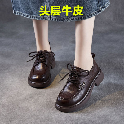 头层牛皮圆头系带乐福鞋女2026春季新款轻奢真皮深口单鞋小皮鞋子