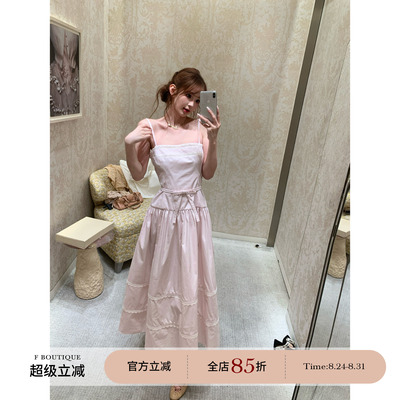 F boutique「D1or3w+」yb定染裸粉100棉府绸蕾丝拼接蝴蝶结连衣裙