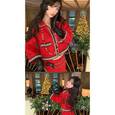 F boutique 现货「中古复刻」小香定染车厘红亮片九分袖外套+裙裤