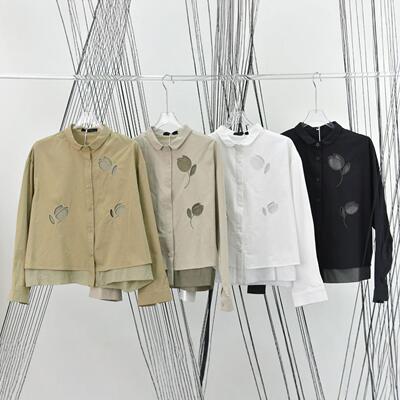 复古双层镂空郁金香刺绣长袖衬衫女设计感气质衬衣三与二出89163