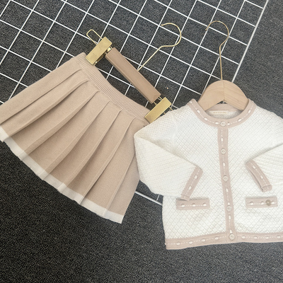 26年春款韩国童装女童洋气百搭纯棉针织毛衣开衫百褶阿半身裙套装