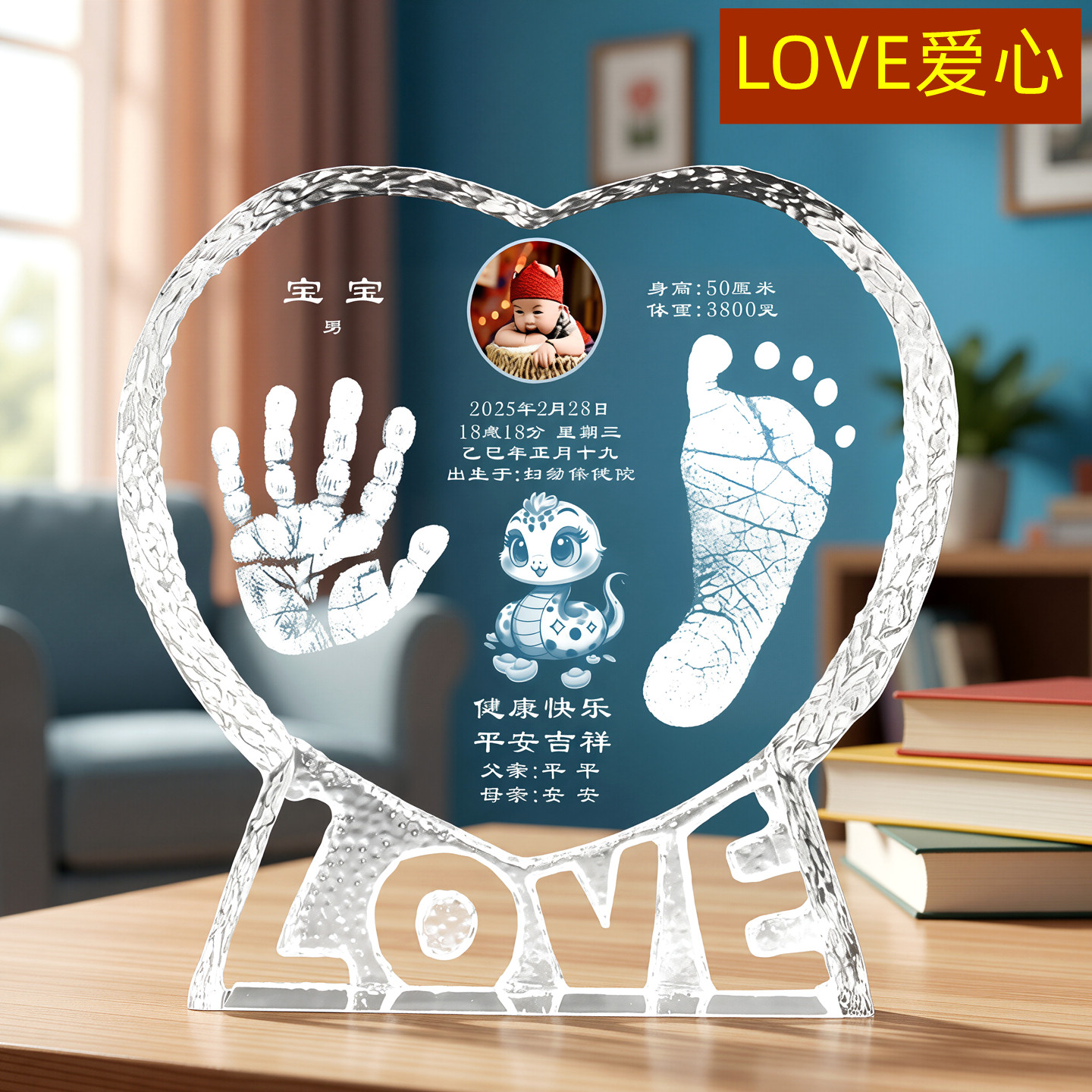 吉祥童子宝宝出生定制水晶手足印手脚印婴幼儿胎毛纪念品LOVE爱心