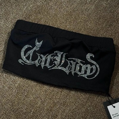 CATLADY欧美风Heels钢管爵士豹纹抹胸字母烫钻上衣黑色一字肩裹胸