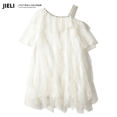 JIE LI/街力小众设计师高级感夏款重工斜肩网纱白T恤女T11190