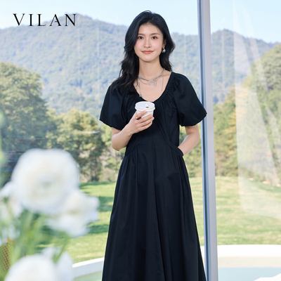vilan 慧兰黑色连衣裙女夏新款法式V领泡泡袖收腰显瘦气质中长裙
