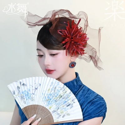 水舞B2855 新中式潮流网红气质旗袍红色云雾网纱头花新娘结婚头饰