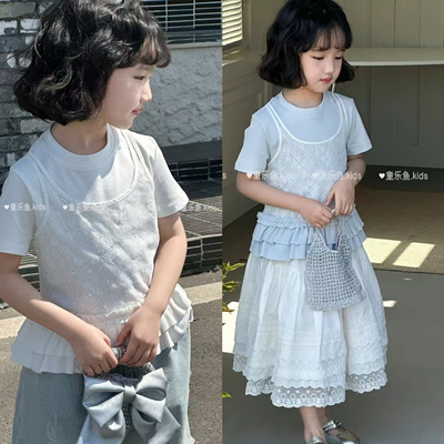 童乐鱼2025夏款女中大童甜美裙边蕾丝亮片背心假两件短袖T恤6678