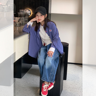 西西家女童秋新款翻领格子衬衫