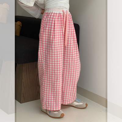 【粉格】西西家女童2025夏新款格子休闲裤儿童舒适阔腿裤DF15637