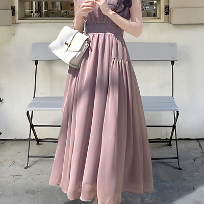 清楚系荷叶边长款百搭连衣裙