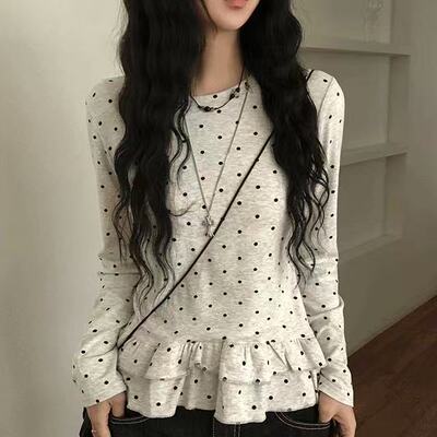 秋天日记 俏皮波点圆领荷叶边长袖T恤 芭蕾风休闲百搭宽松上衣