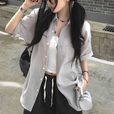 夏日小记 复古简约灰色翻领短袖衬衫 日系休闲宽松外搭防晒上衣