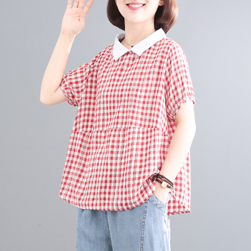孔雀飞飞夏装新款大码遮肉休闲洋气气质翻领格子t恤女 宽松 韩版