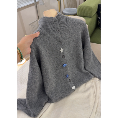 3579【立领海星扣开衫】秋季新款宽松毛衣外穿女士气质上衣