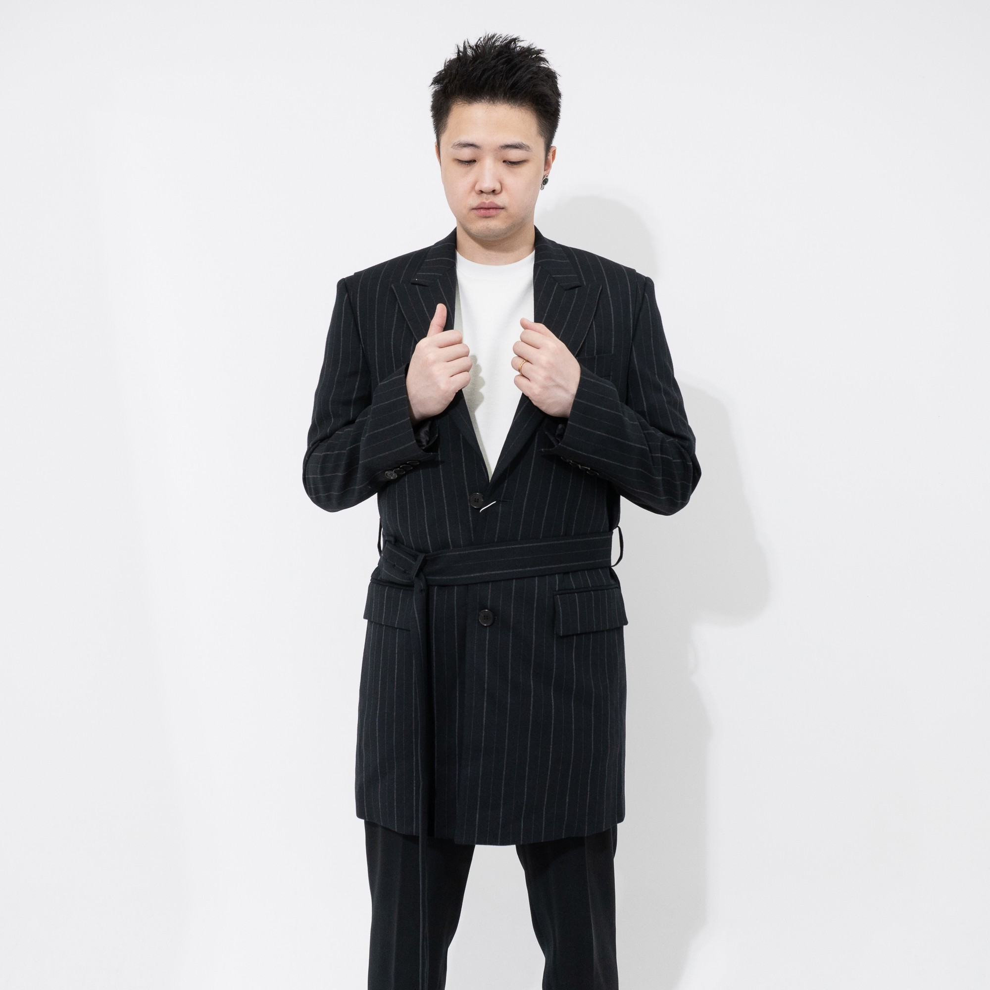 【韩国品牌】JUUN.J 春季简约竖条纹设计感中长款休闲西装外套