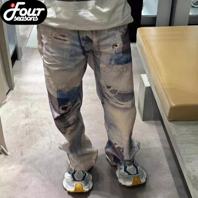 Marche Studios 3D数码打印仿破坏补丁拼接宽松阔腿Boro男牛仔裤