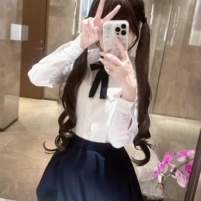 日系JK制服学院风基础款长袖衬衫叠穿绀色短裙百搭校供感秋冬套装