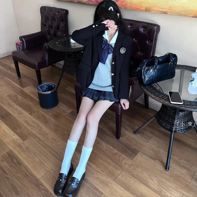 原创jk制服正版绀色三粒扣西装秋冬款外套校供感叠穿针织开衫毛衣