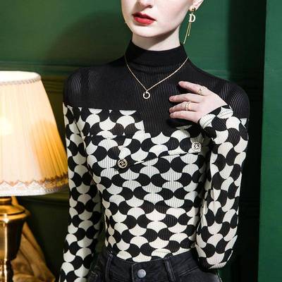 半高领设计感印花拼打气底衫女100253扣修身内搭2接022秋冬格子洋
