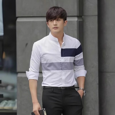 撞色拼接衬衫男立领长袖潮流修身韩版七青年棉拼色圆领衬衣男