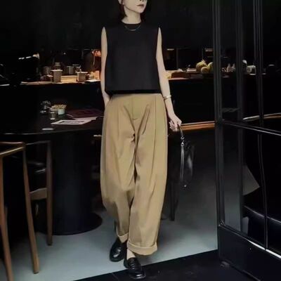 24163大爱美依缘2024夏季新款韩系无袖背心垂感高腰阔腿裤洋气女