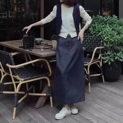 24833大爱美依缘2025秋季新款软糯长袖纯色上衣高腰牛仔半身裙女