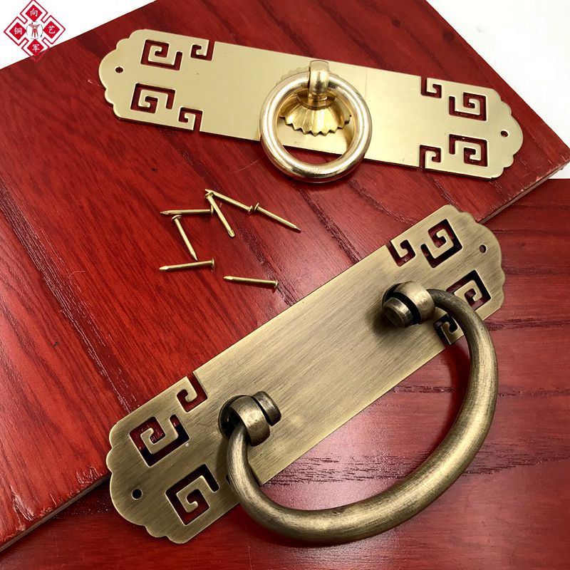 新中式仿古家具写字台抽屉纯铜镂空铜拉手明装复古书桌书柜铜把手