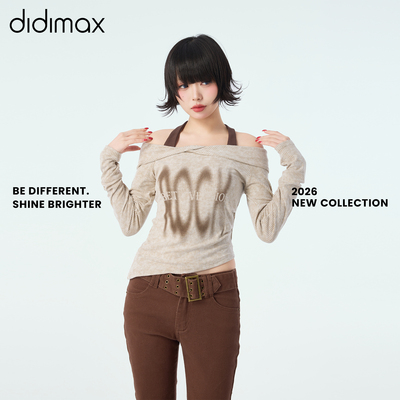 didimax春季新款卡其色一字领挂脖小衫 修身短款印花上衣C47444