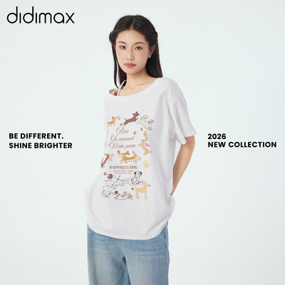 didimax夏季新款大领口落肩袖T恤 宽松型短袖卡通印花女装X08105